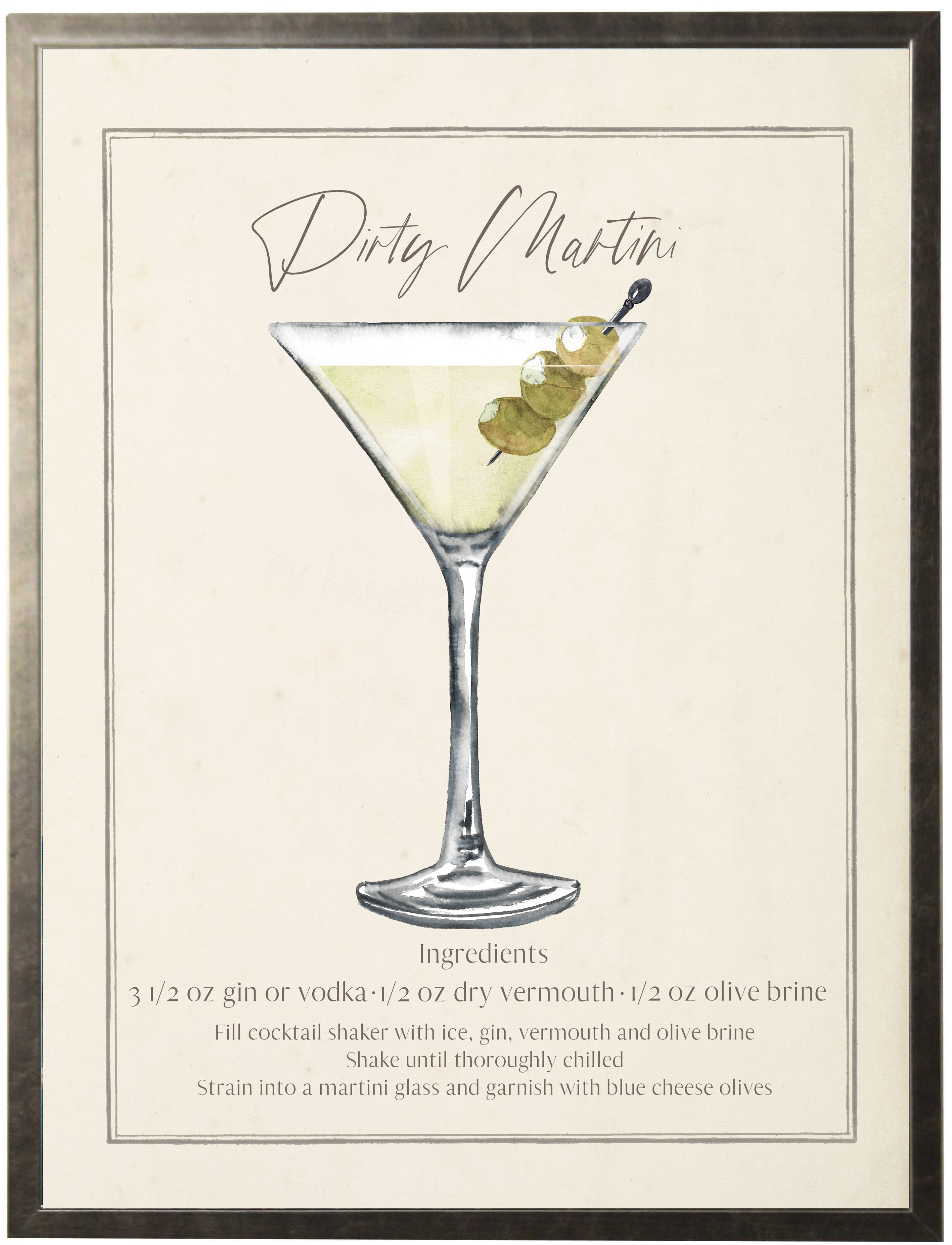 Watercolor Dirty Martini Cocktail and Recipe 12" x 16" (84005 B) – The ...
